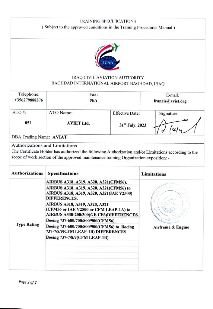 Iraqi CAA Approval - AVIET